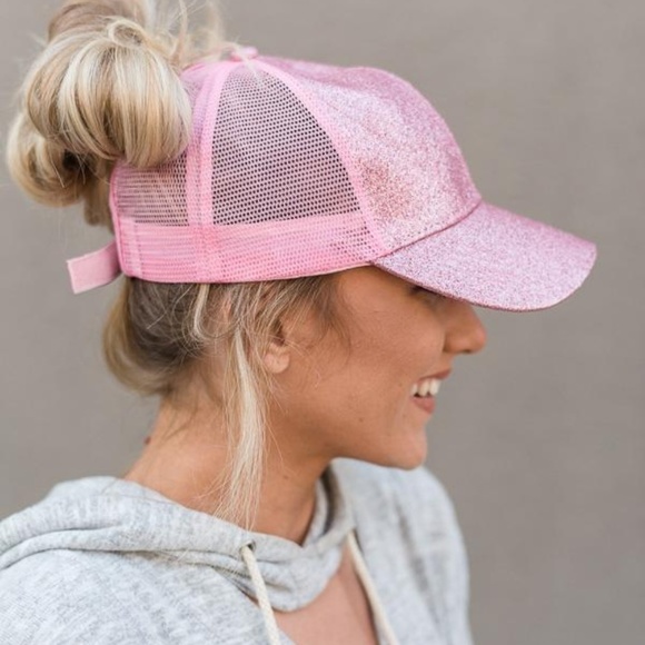 Accessories | Pink Glitter Messy Bun Baseball Cap | Poshmark